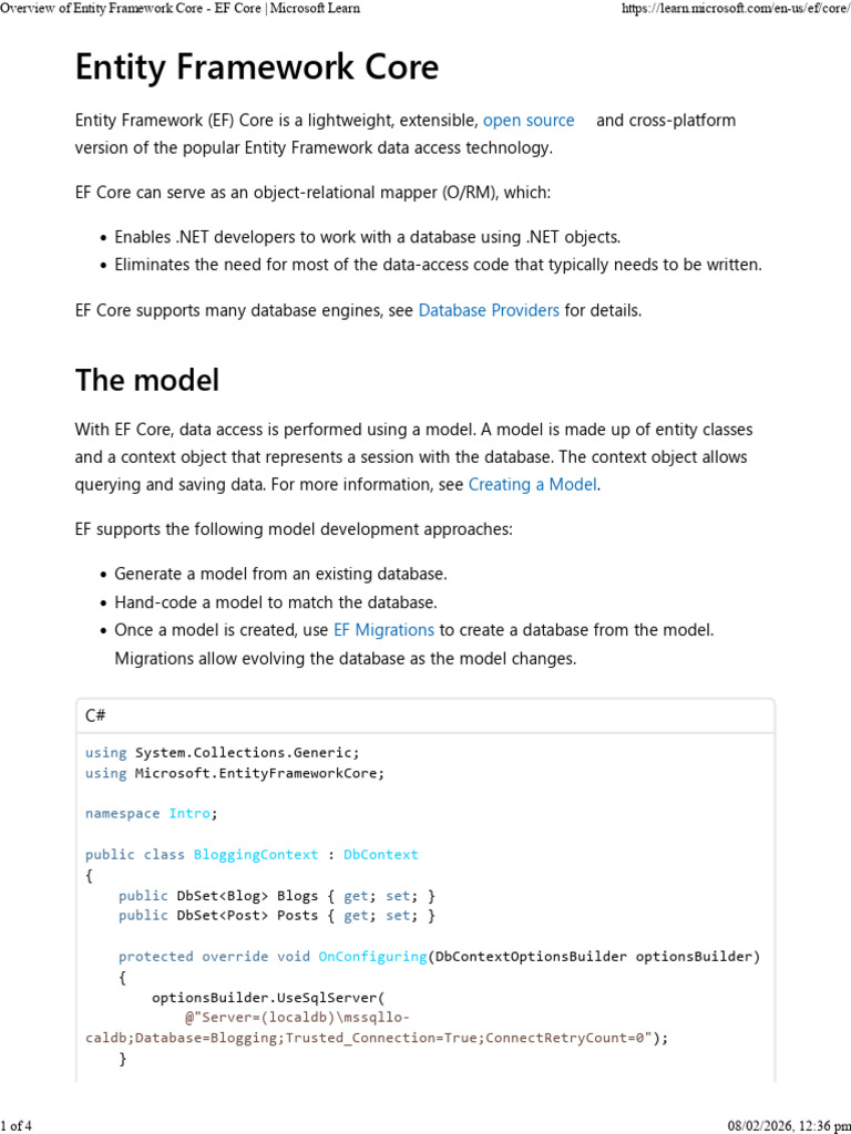 Overview of Entity Framework Core - EF Core - Microsoft Learn | PDF ...