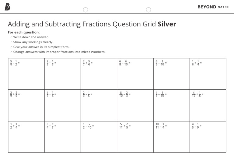 Adding and Subtracting Fractions Question Grid - Silver | PDF