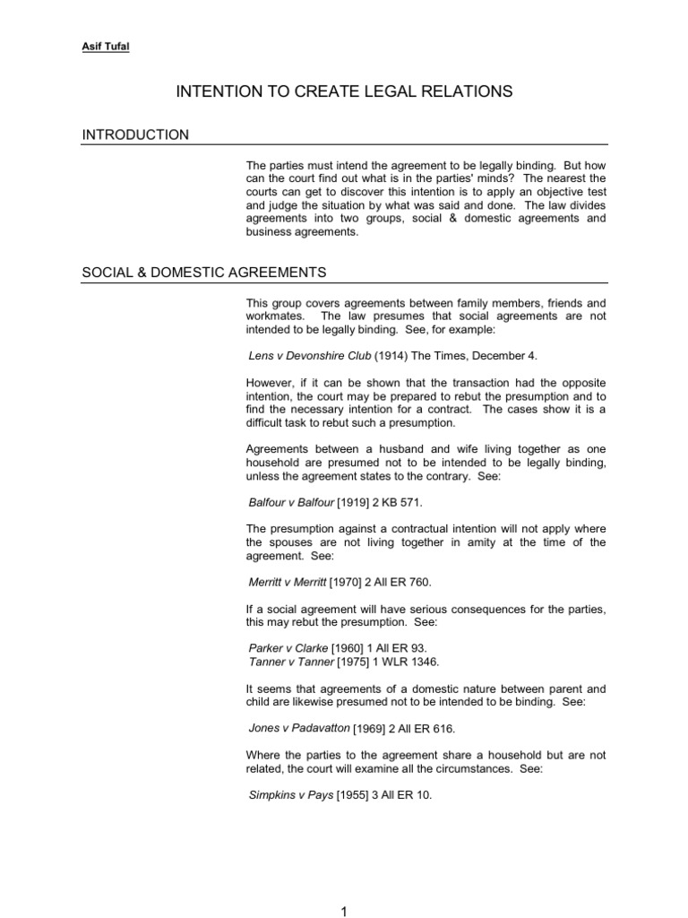 Intention To Create Legal Relations | PDF | Virtue | Legal Concepts