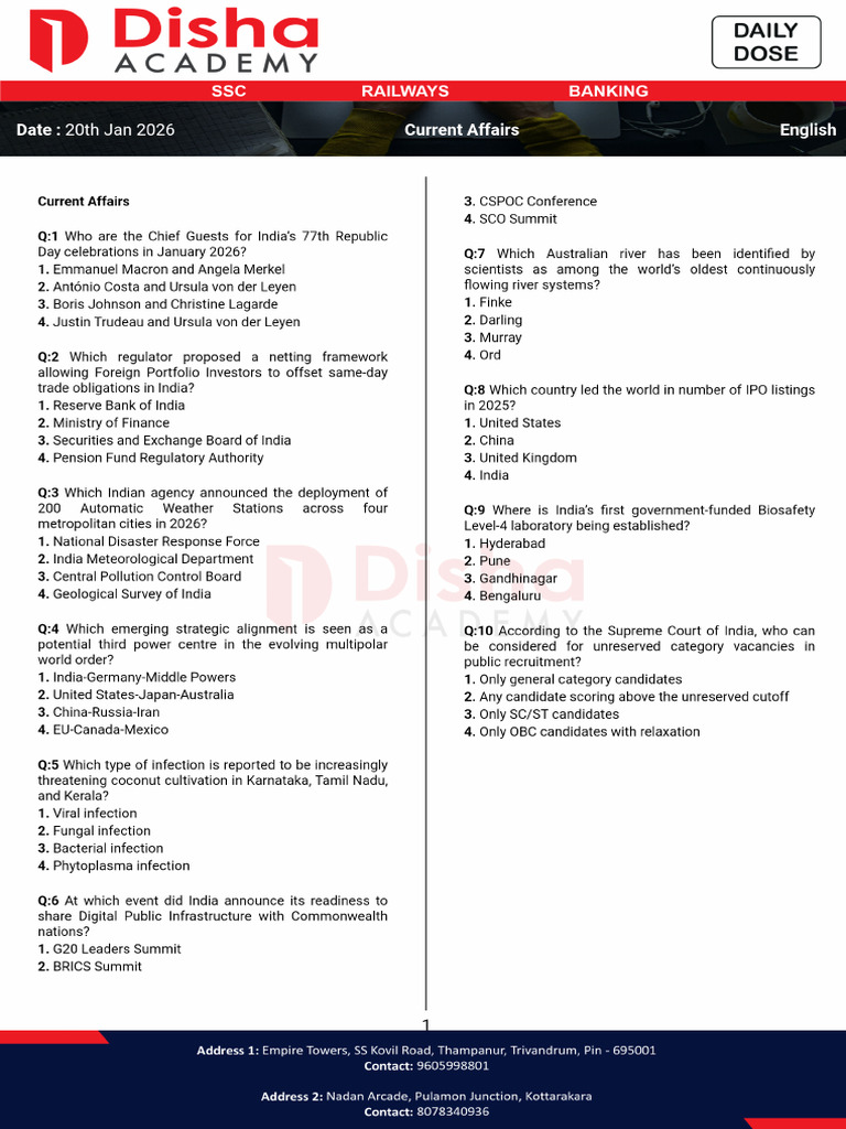 Current Affairs - English - 20th Jan 2026 | PDF