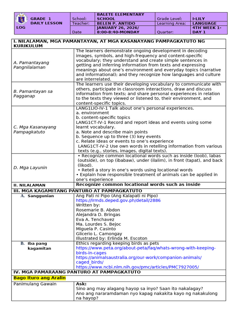 Q 4 Week 1 Day 1 5 Language January 26 30 | PDF | Differentiated ...