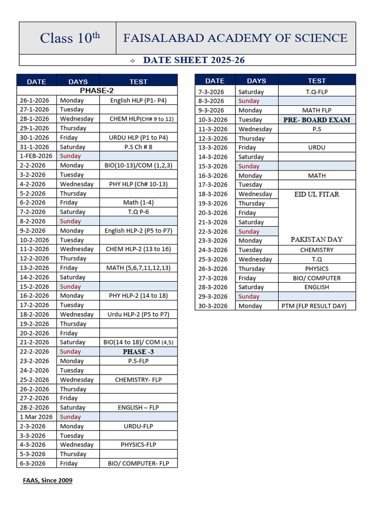 Date Sheet 10th (2025-26) Pre Board | PDF