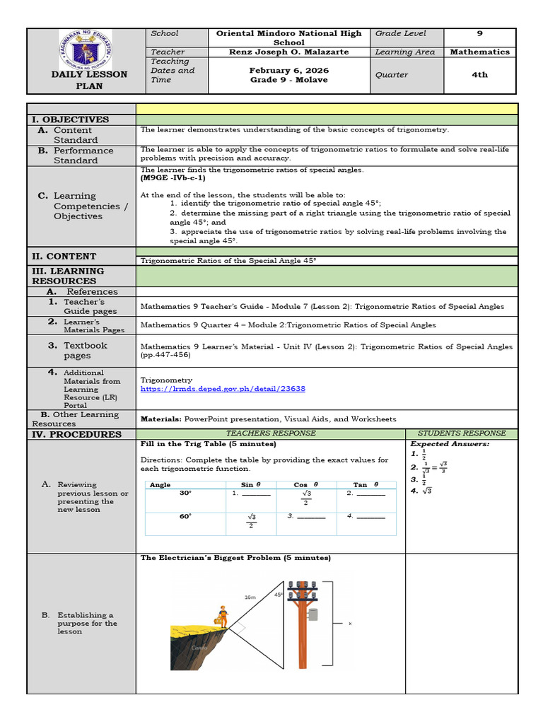 Quarter IV M 7 L2 D2 The Learner Finds The Trigonometric Ratios of ...