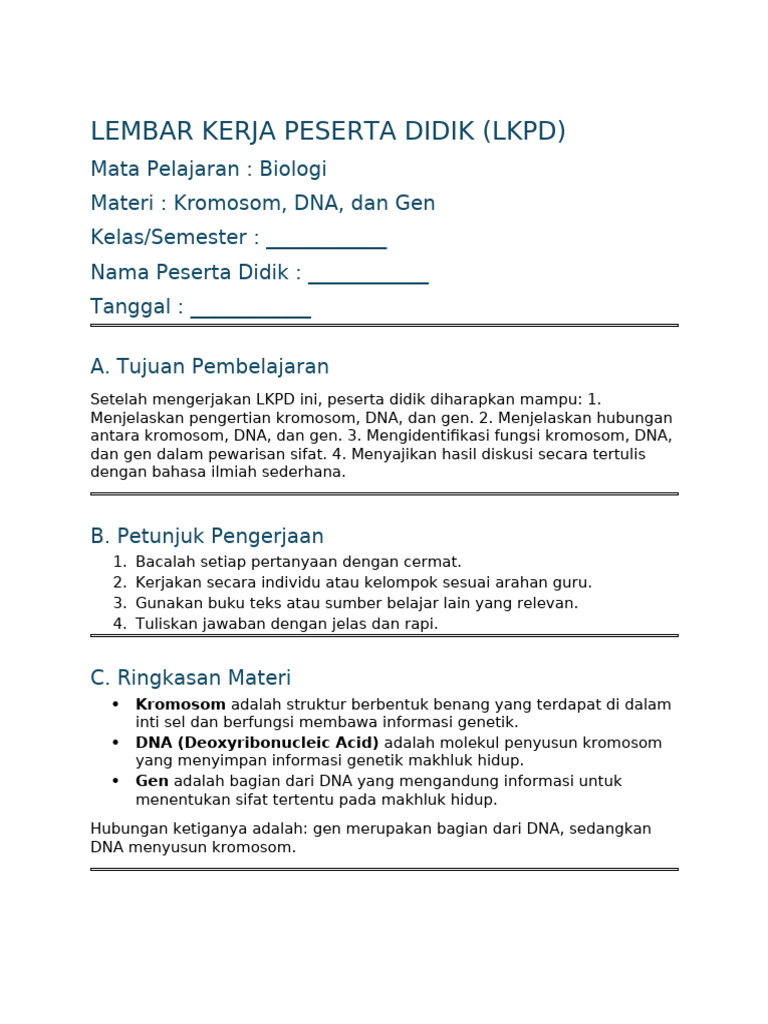 LKPD Biologi - Kromosom, Dna, Dan Gen | PDF