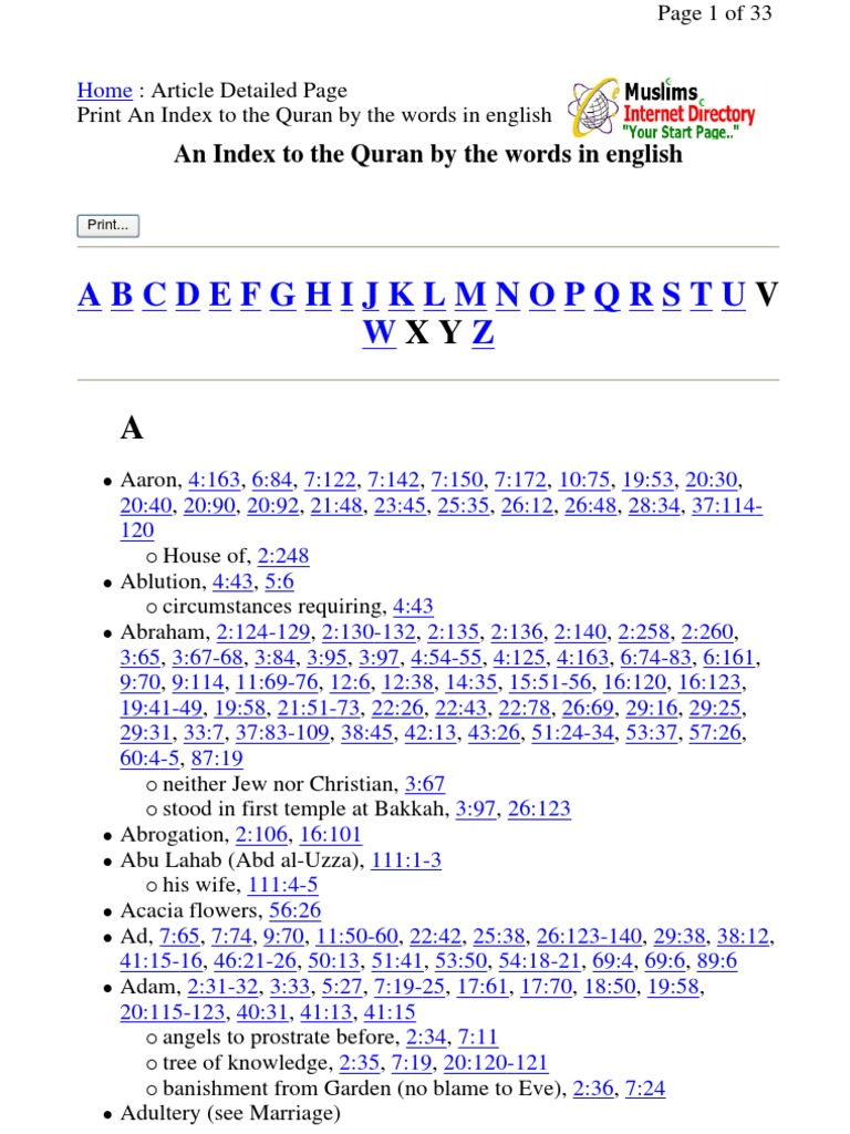 Quran Index by English Words | PDF | Prophets And Messengers In Islam ...