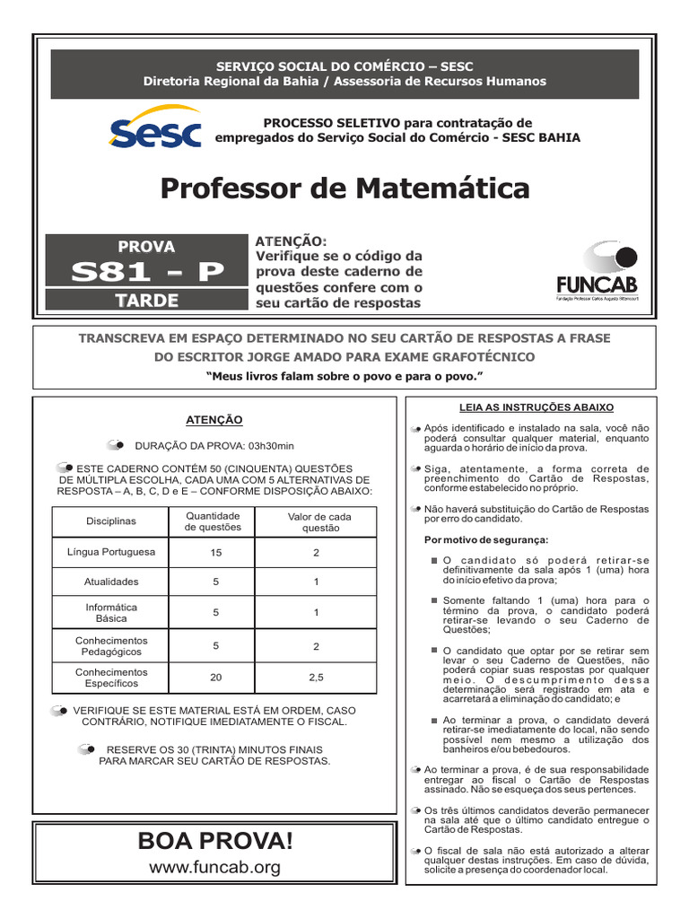 Funcab 2012 Sesc Ba Professor Matematica Prova | PDF | Pedagogia ...