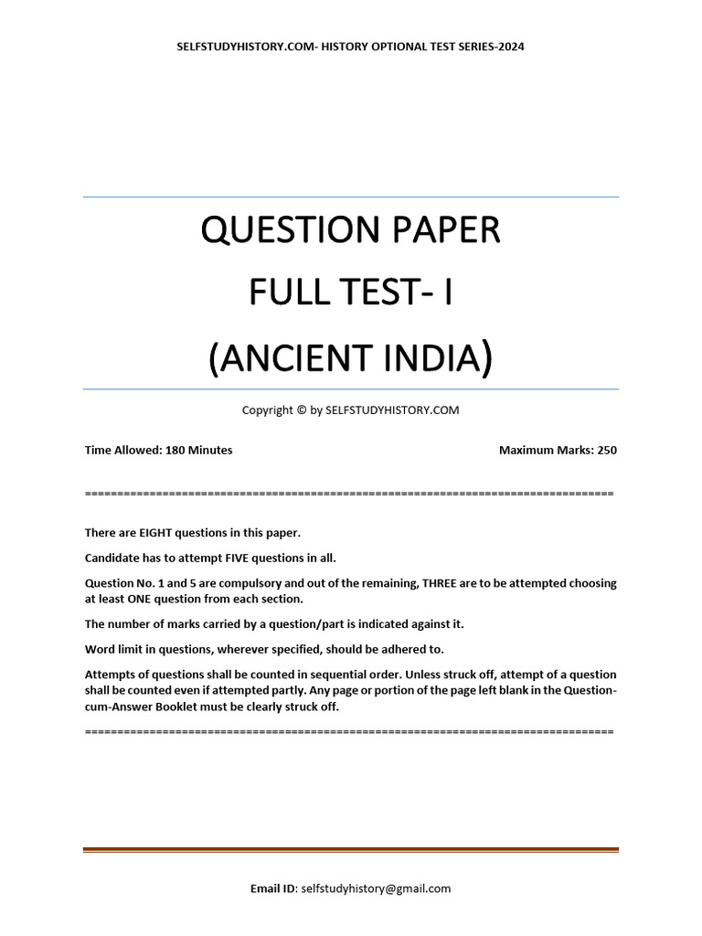 Question Paper Ancient India Full Test I - 2025 | PDF