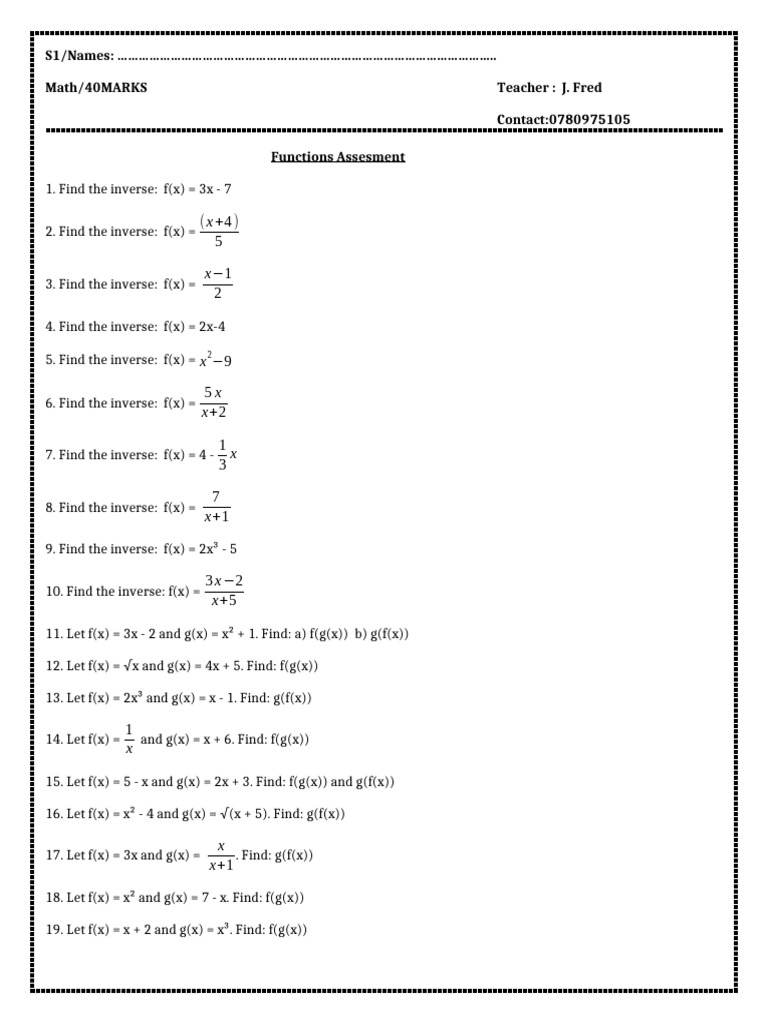 Inverse and Composite Functions 20 Questions | PDF