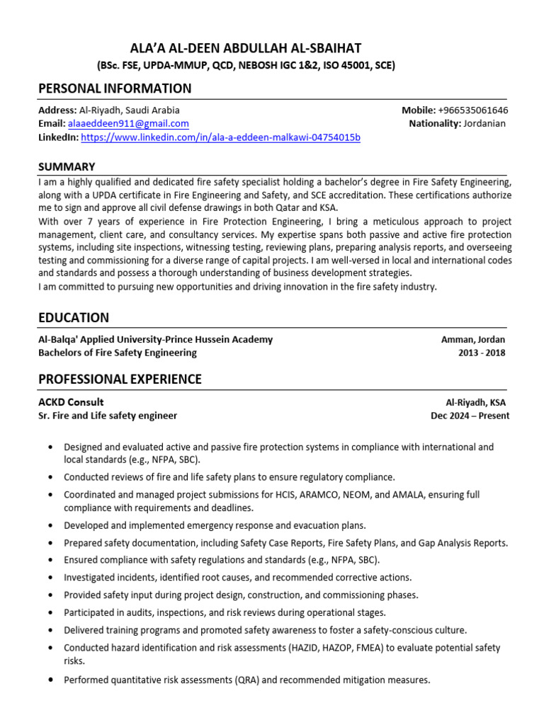Ala'a Al-sbaihat (Updated Resume) 2 | PDF | Fire Safety | Safety