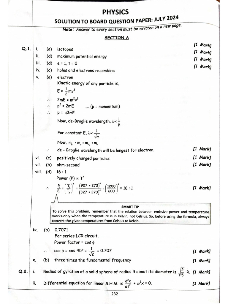 Physics Board Paper Answer Key July 2024 | PDF