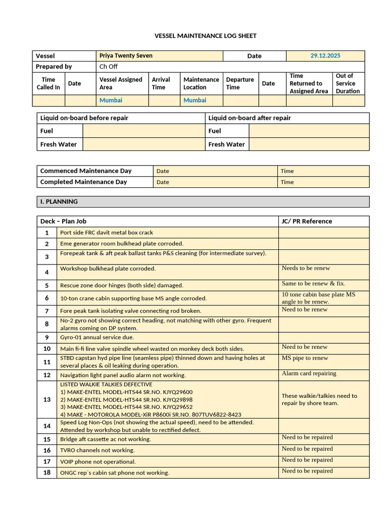 SPM Fleet-Vessel Maintenance Log Sheet | PDF | Pump | Deck (Ship)