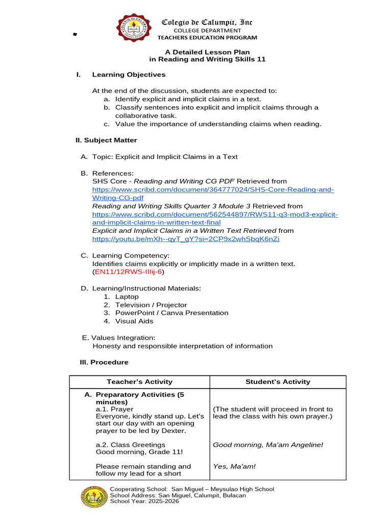 Detailed Lesson Plan in Reading and Writing | PDF