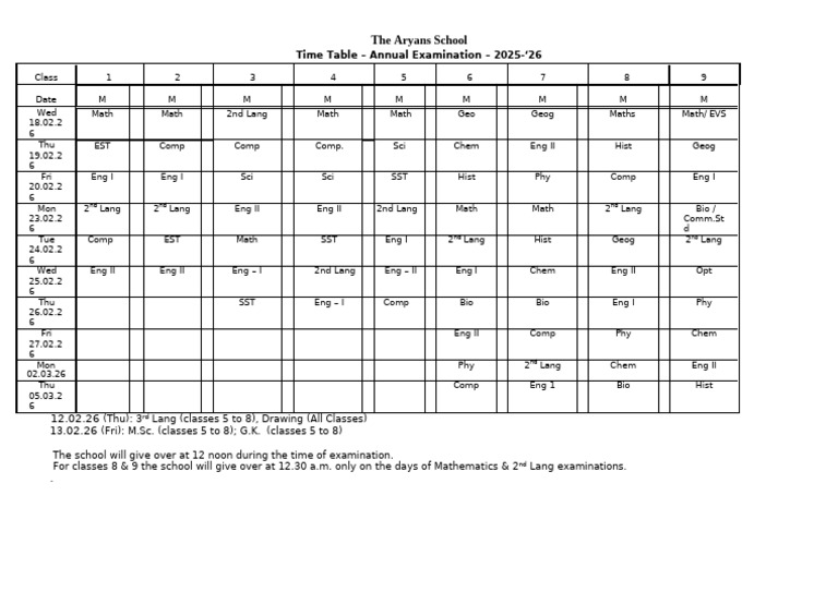 Annual Timetable 2025-26 | PDF