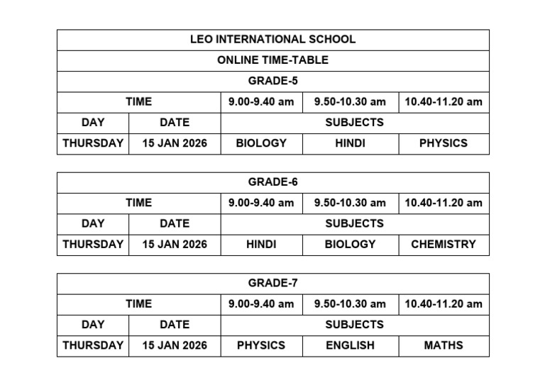 Online Time Table Grade - 5 - 7 | PDF