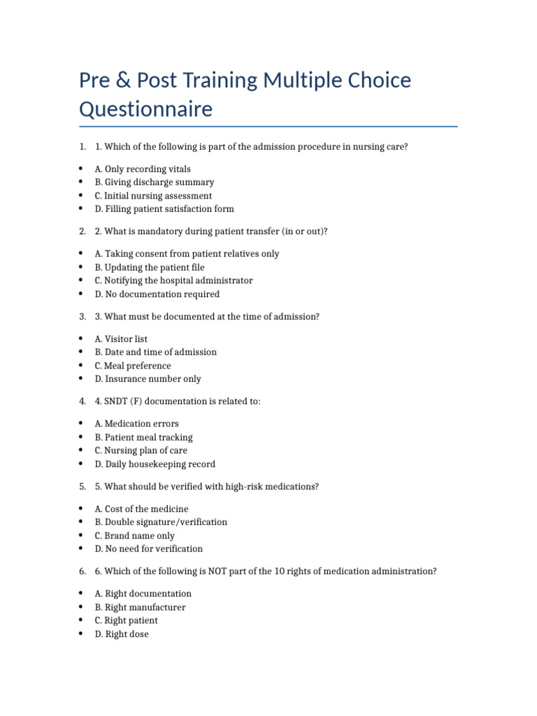 Pre Post Training MCQ Questionnaire | PDF | Patient | Medical Error