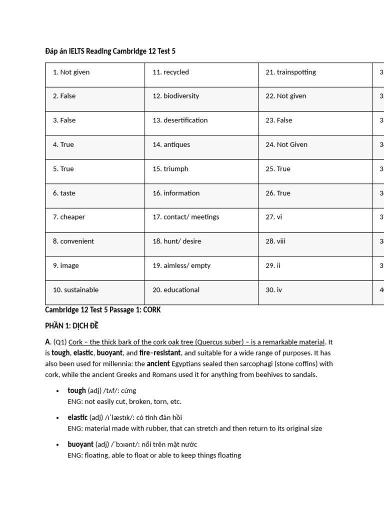 Đáp Án IELTS Reading Cambridge 12 Test 5 | PDF
