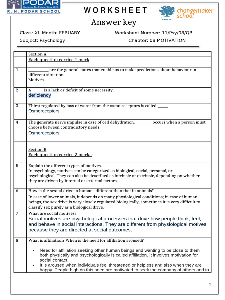 Answer Key CHAPTER 9 MOTIVATION | PDF | Motivational | Motivation