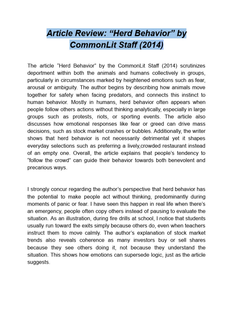 Article Review - "Herd Behavior" by CommonLit Staff (2014) | PDF ...