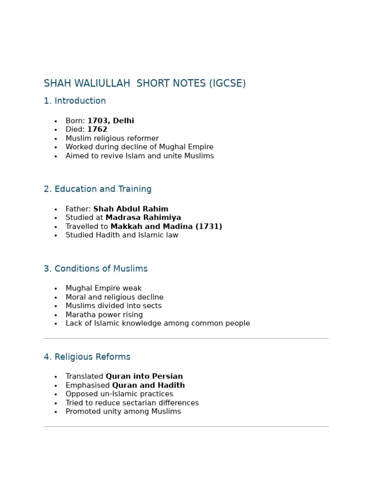 Shah Wali Allah Mind Map and Note | PDF