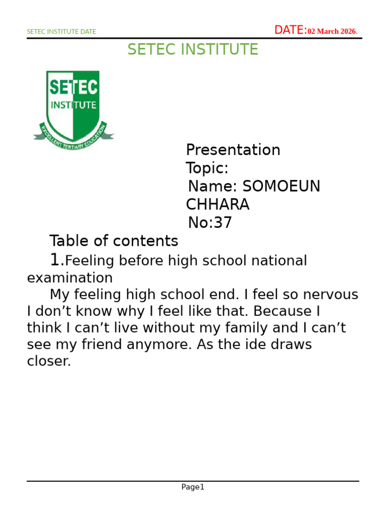 Presentation Topic: Name: Somoeun Chhara No:37 .: Setec Institute | PDF