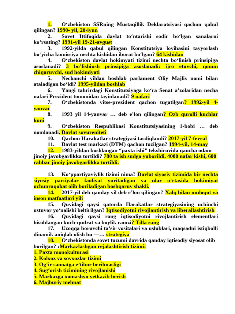 Ozbekiston Tarixi Sessiya Savol Javoblari | PDF