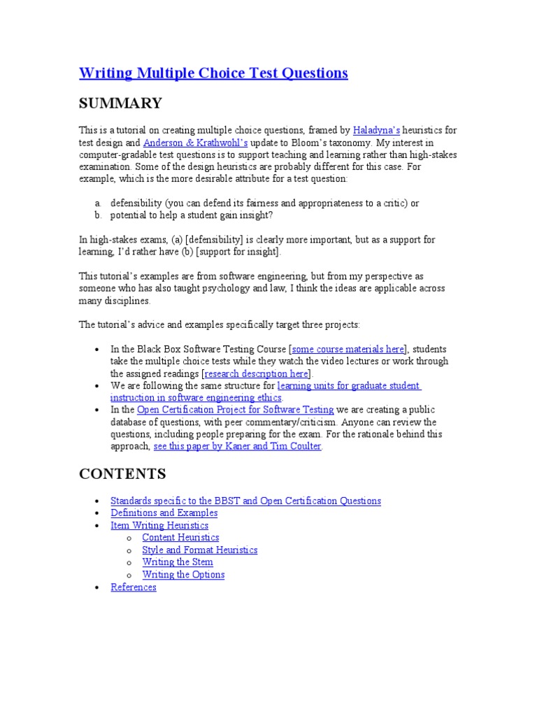 Writing Multiple Choice Test Questions Multiple Choice Test