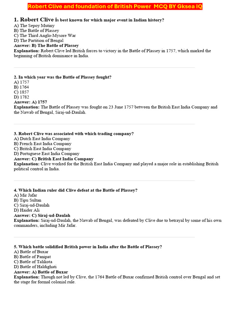 Robert Clive and Foundation of British Power MCQ by Gksea IQ | PDF ...