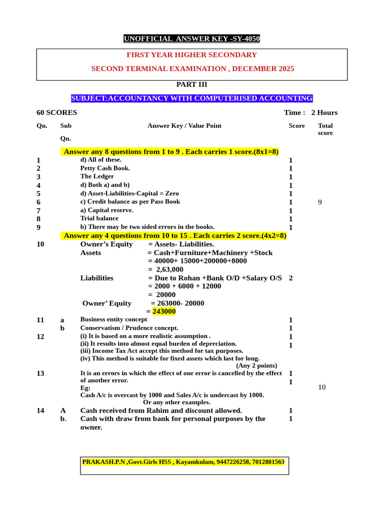 1 Yr 2 Term Accountancy With CA Answer Key Dec 2025 | PDF | Debits And ...
