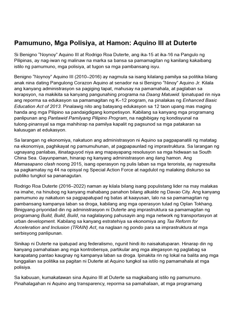 Pamumuno Mga Polisiya at Hamon Aquino III at Duterte | PDF