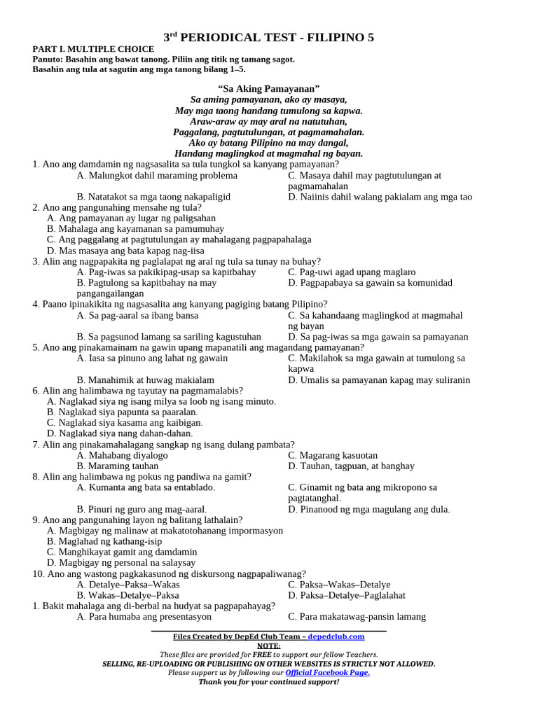 DTC - PT - Q3 FILIPINO 5 MATATAG With TOS KEY | PDF