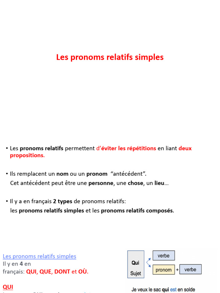Les Pronoms Relatifs Simples - Copie | PDF | Pronom | Mécanique du langage