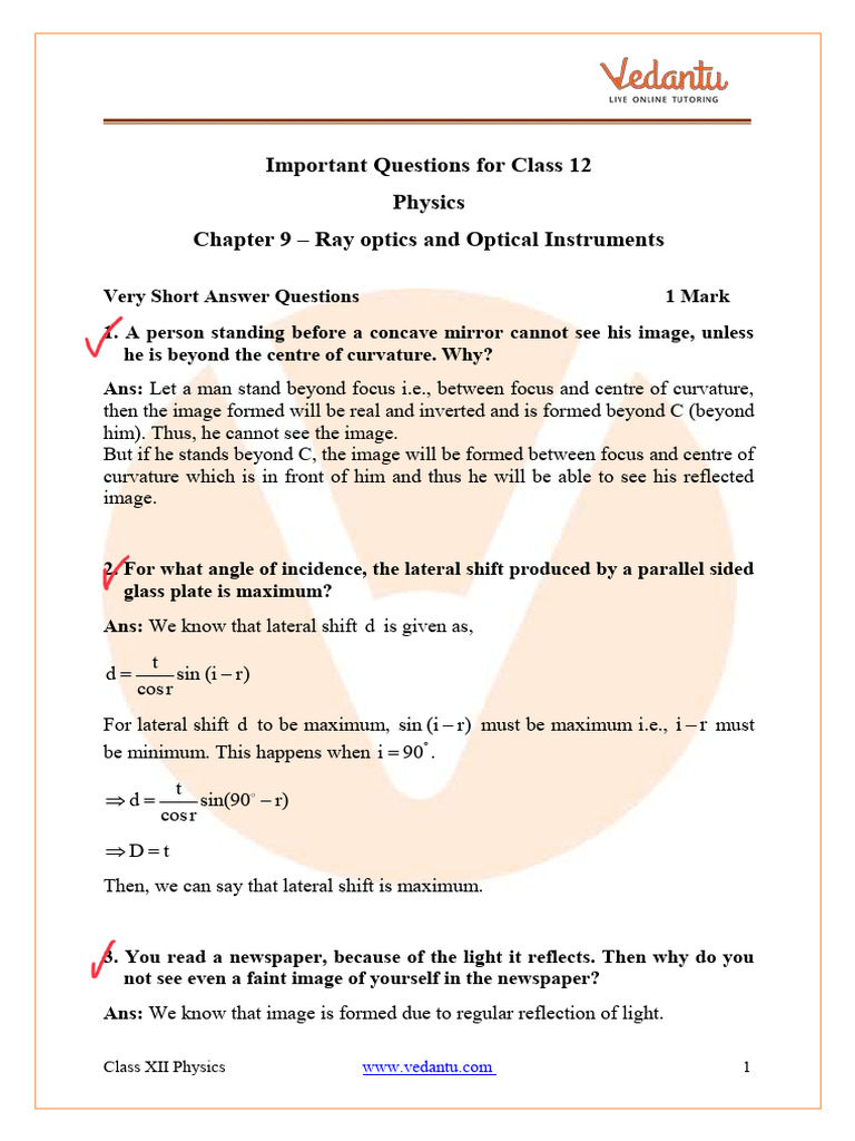 Ray Optics and Optical Instruments Important Questions For Class 12 ...