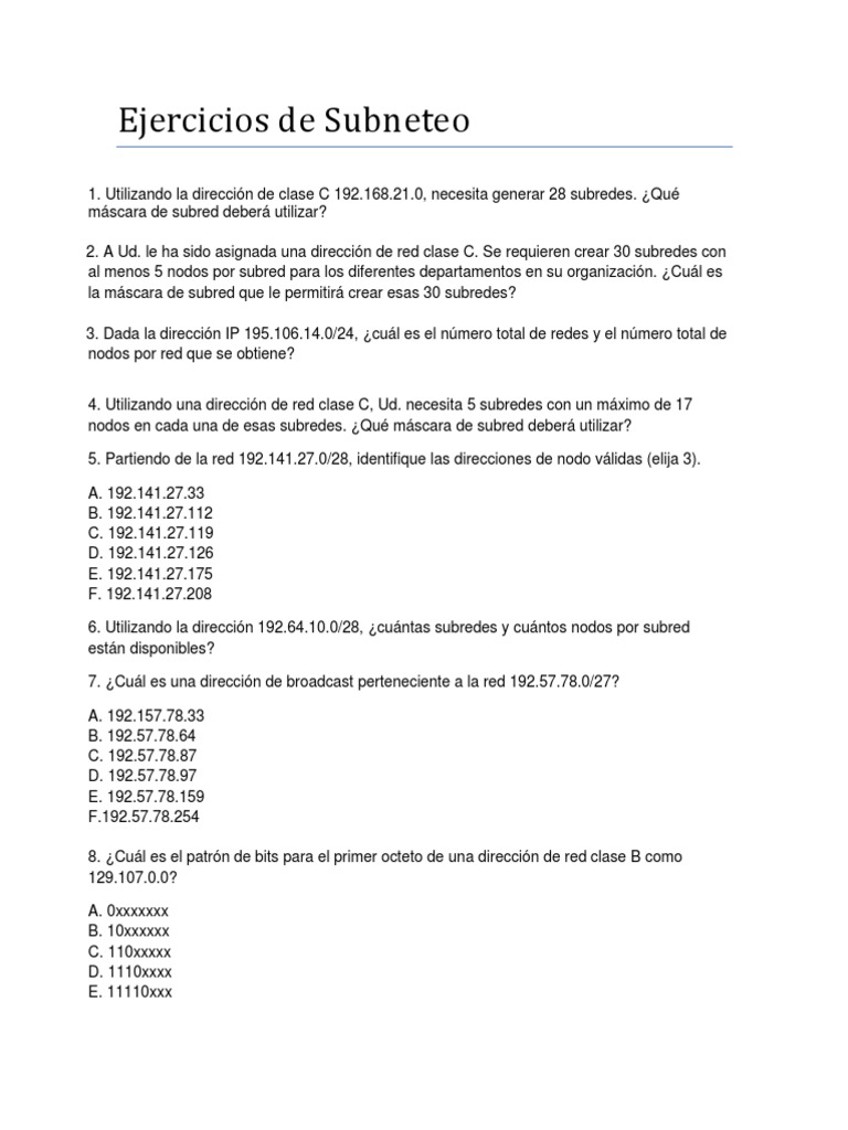 Ejercicios de Subneteo | PDF