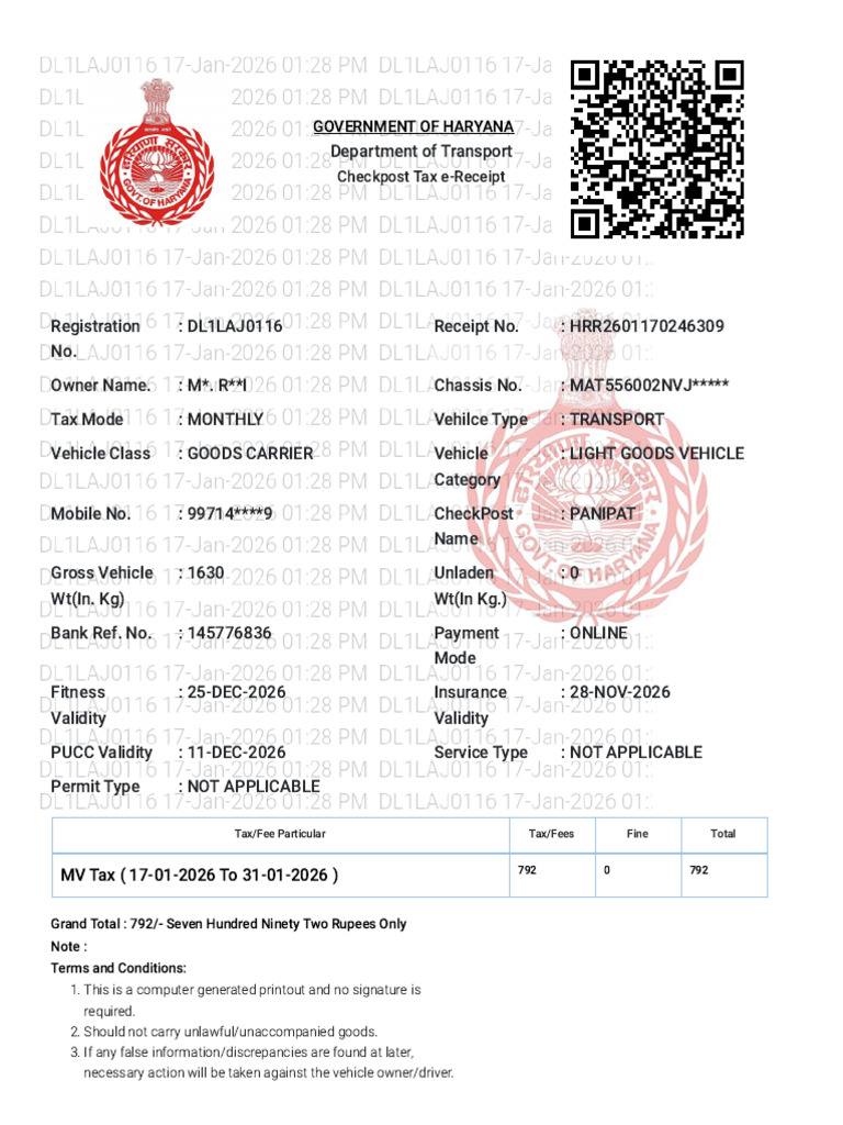 Government of Haryana: Checkpost Tax E-Receipt | PDF