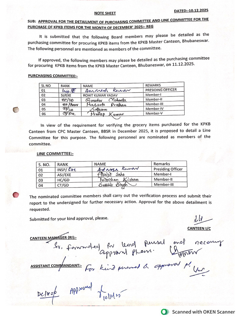Approval of KPKB Canteen Purchasing Committee and Line Committee | PDF