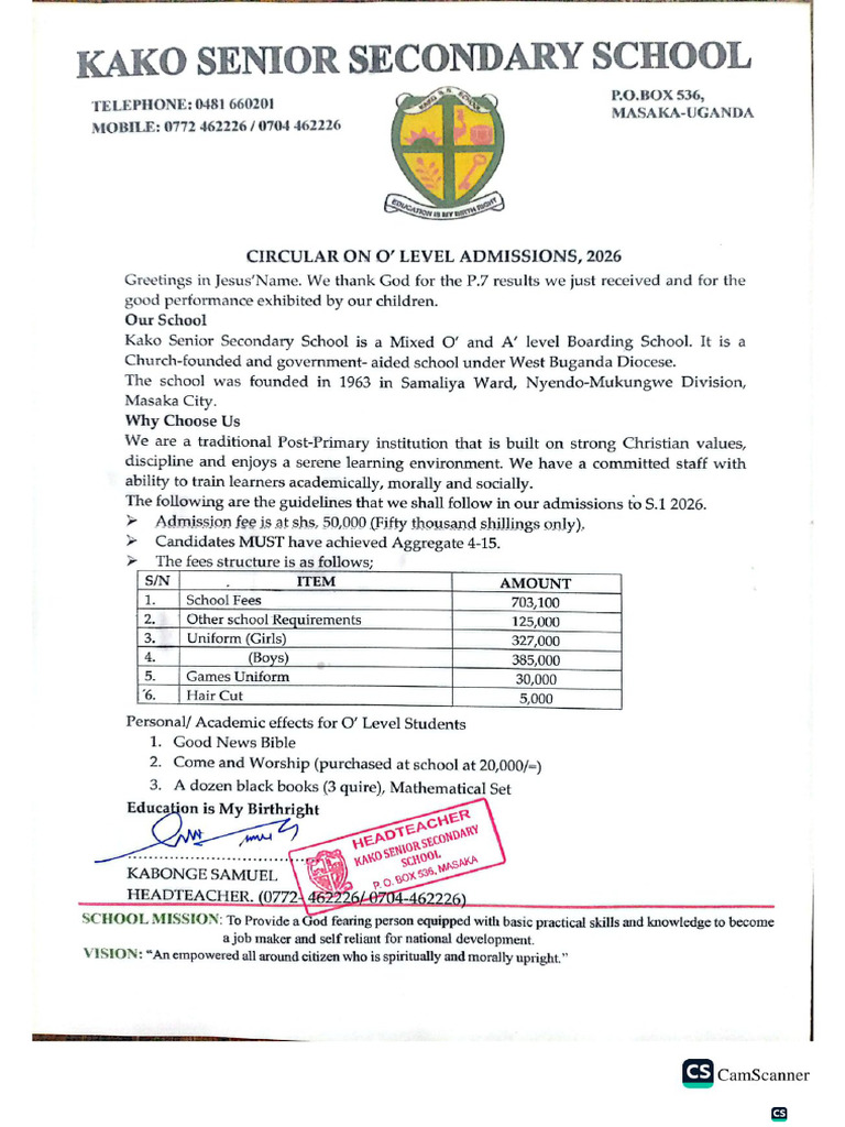 Kako SSS O-Level Admission Circular 2026 | PDF