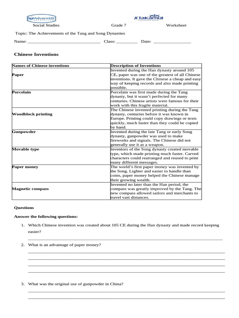 Chinese Inventions-Worksheet | PDF | Printing | Tang Dynasty