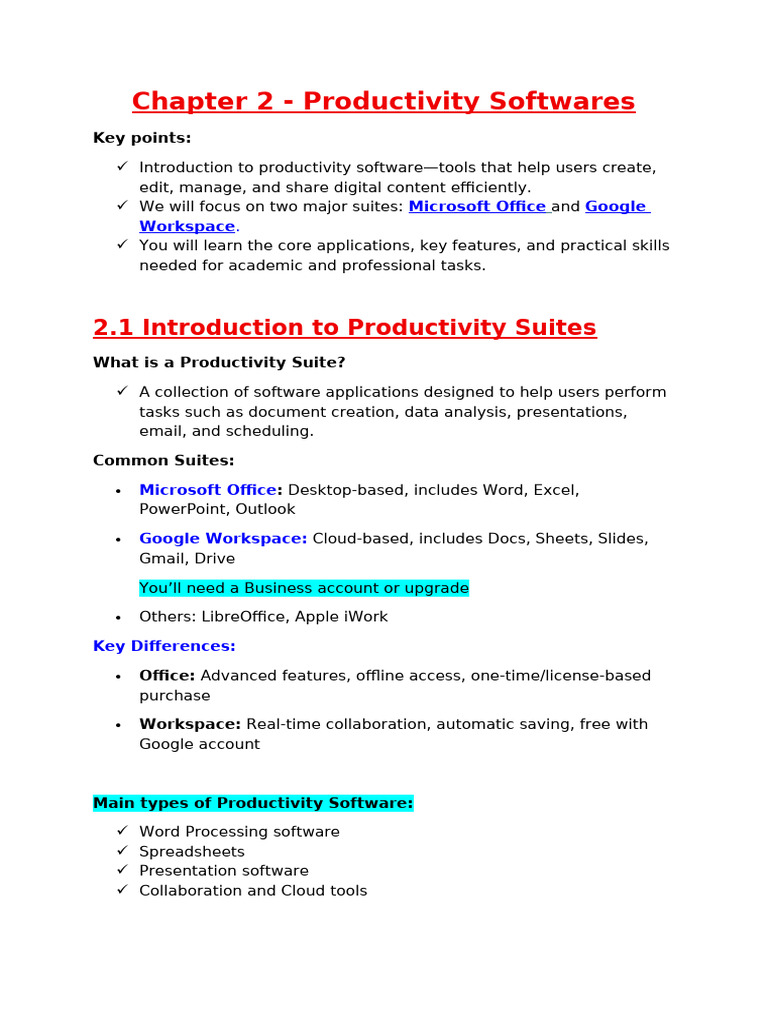 Chapter 2 - Productivity Software | PDF | Microsoft Word | Microsoft Excel