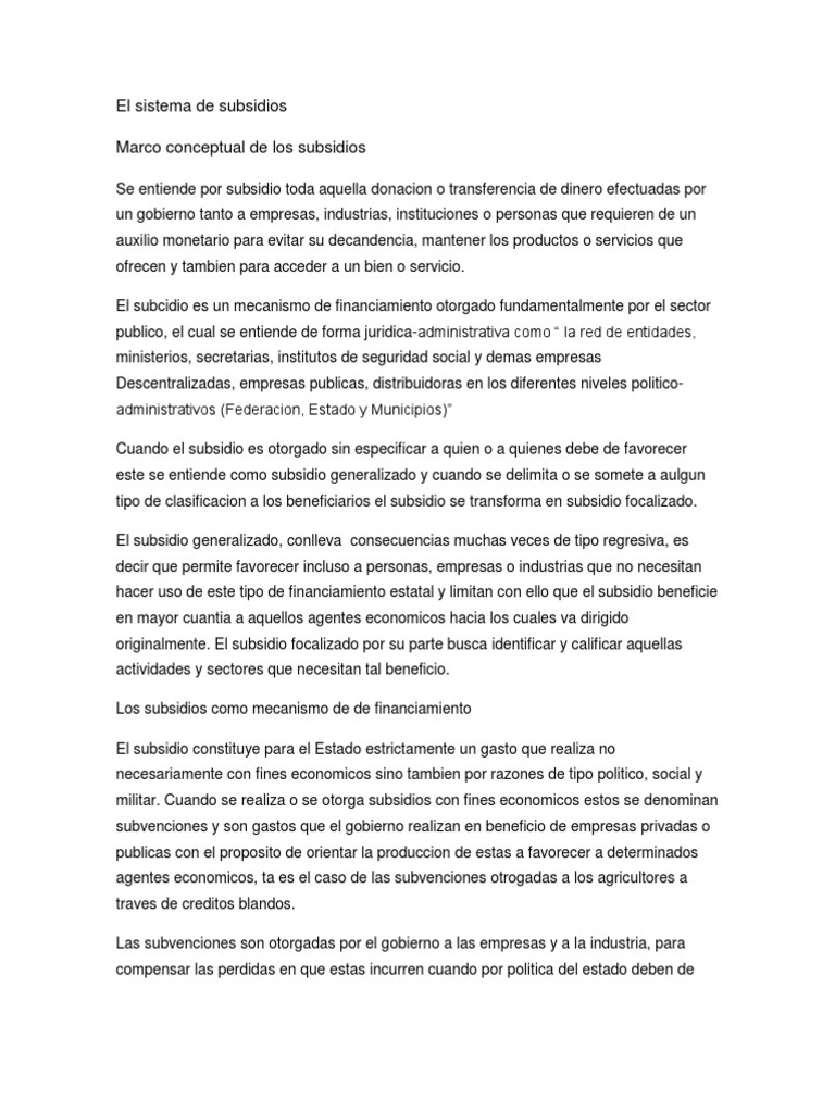 El Sistema de Subsidios | PDF | Sistema financiero | Subvención