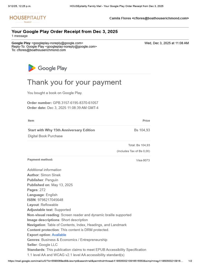 Start With Why Your Google Play Order Receipt 2025 | PDF | Google Play ...