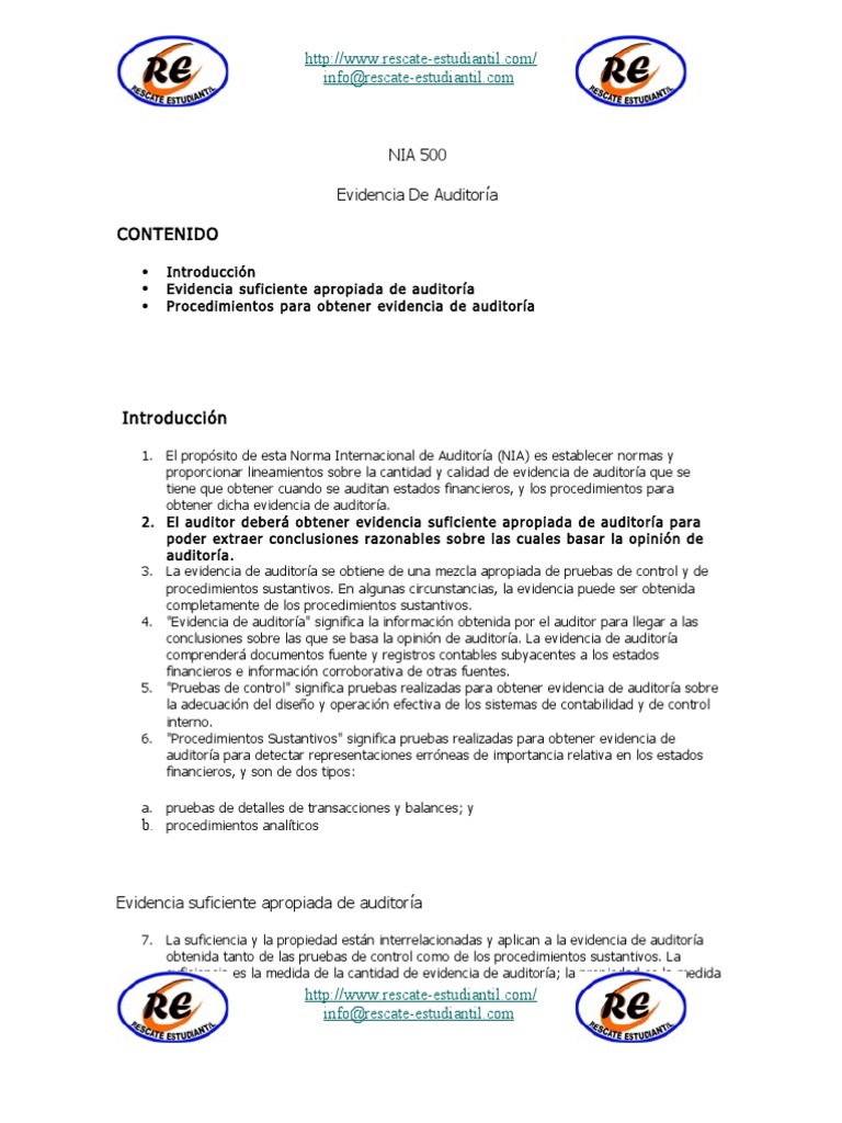 NIA-500 | Auditoría financiera | Contralor