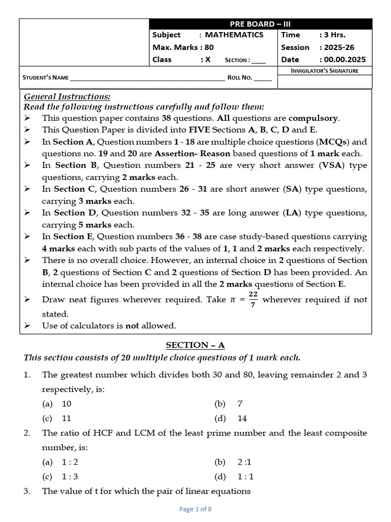QP Preboard 3 X STD Maths DPS S.lok | PDF | Sphere | Quadratic Equation