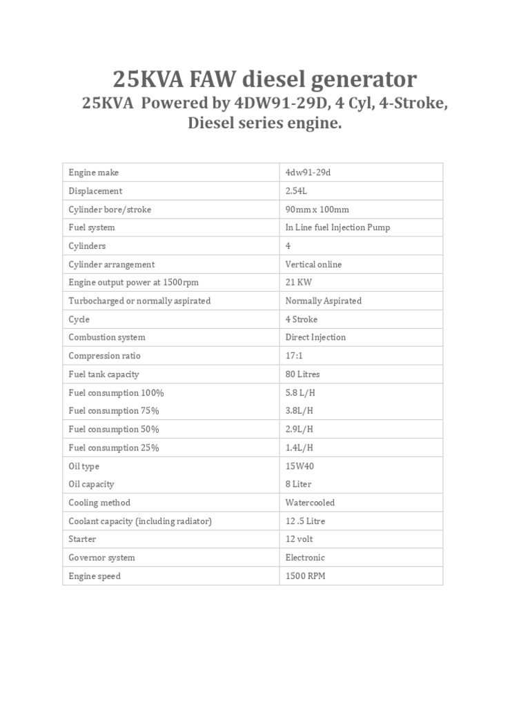 25kva Faw Diesel Generator Specsheet | PDF