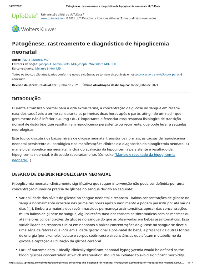 Patogênese, Rastreamento e Diagnóstico de Hipoglicemia Neonatal ...