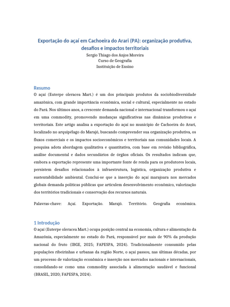Artigo Acai Cachoeira Do Arari 5 Paginas ABNT | PDF | Economia ...