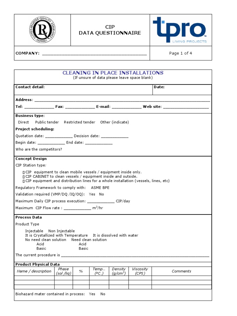 Tpro - CIP Data Questionnaire | PDF | Scada | Water