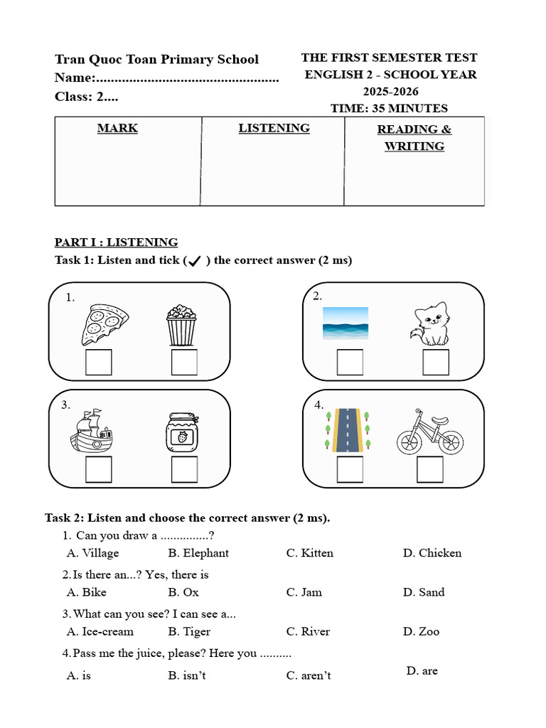 Class 2 - Test 2 (B N Chính) | PDF