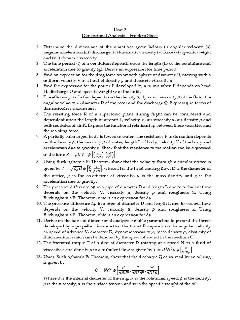 Unit 2 - Dimensional Analysis PS | PDF | Viscosity | Fluid Dynamics