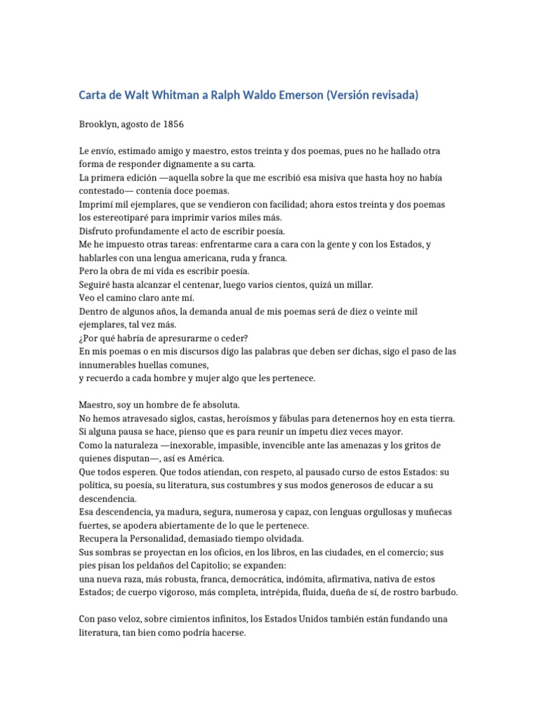 Carta de Walt Whitman A Ralph Waldo Emerson (Revisada) | PDF | Walt Whitman