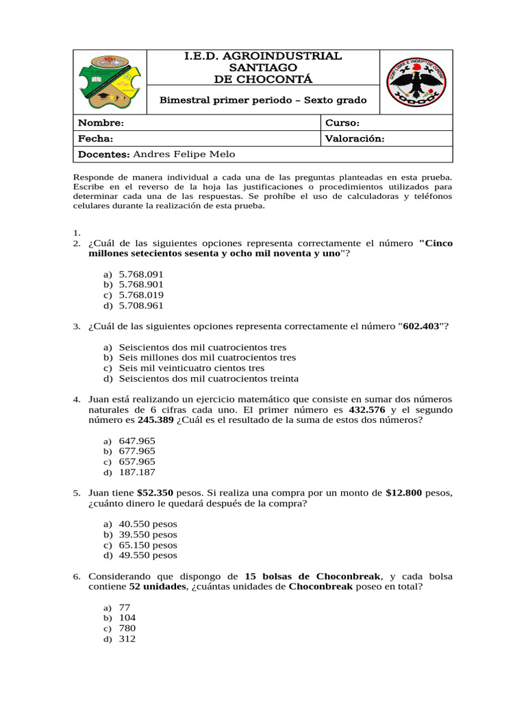 Bimestrales Primer Periodo Grado Sexto | PDF
